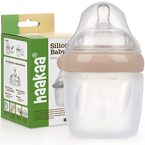 haakaa Gen.3 Silicone Baby Bottle Anti-Colic Baby Bottle with Slow Flow Nipple for Infant Newborn, 5.4oz/160ml, Peach