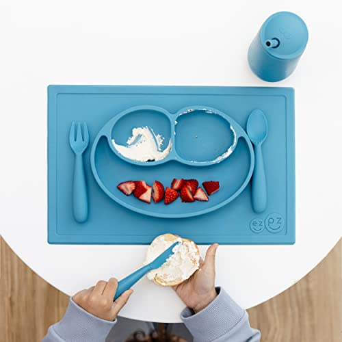 ez pz Happy Cup + Straw Training System - 100% Silicone Training Cup for Toddlers + Preschoolers - Designed by a Pediatric Feeding Specialist - 24 Months+ (Blue)