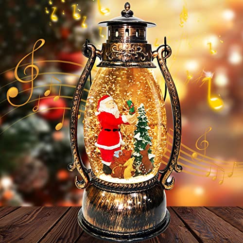 TURNMEON Lighted Christmas Snow Globe Lantern, Santa Claus Xmas Tree Timer Musical Christmas Decoration Gift USB or Battery Operated LED Water Glittering 8 Music Playing Christmas Decor Home Indoor