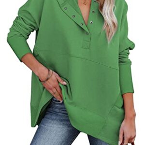 AlvaQ Women Casual Henley Hoodie Pullover Oversize V Neck Long Sleeve Button Down Sweatshirt with Pocket Plus Size Green, XX-Large