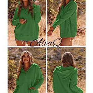 AlvaQ Women Casual Henley Hoodie Pullover Oversize V Neck Long Sleeve Button Down Sweatshirt with Pocket Plus Size Green, XX-Large