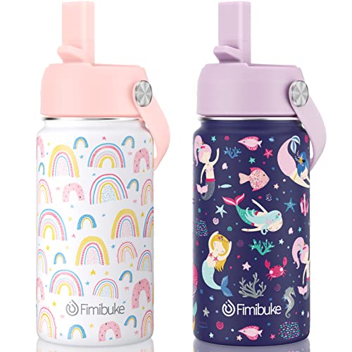 Fimibuke Kids Insulated Water Bottle - 14oz BPA-FREE Double Wall Vacuum Tumbler 18/8 Stainless Steel Leak Proof Kids Cup with Straw Metal Water Bottle for School Boy Girl (2 Pack, RAINBOW+MERMAID)