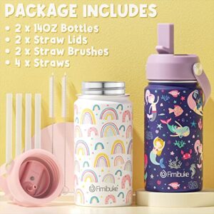 Fimibuke Kids Insulated Water Bottle - 14oz BPA-FREE Double Wall Vacuum Tumbler 18/8 Stainless Steel Leak Proof Kids Cup with Straw Metal Water Bottle for School Boy Girl (2 Pack, RAINBOW+MERMAID)