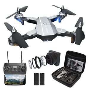 drone with 4k camera for adults,foldable rc quadcopter, helicopter toys, video drone for beginners, dual camera drone, 2 batteries and carrying case,one key start, altitude hold,headless mode,3d flips silver