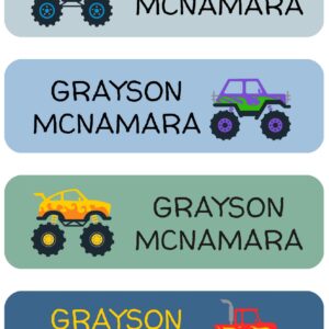 128 Monster Truck Custom Kid Name Label for Daycare, Waterproof Dishwasher Safe, Personalized Name Sticker for Camp, School Supply, Baby Bottle, Lunch Boxes, Water Bottle, Cups (Pattern2)