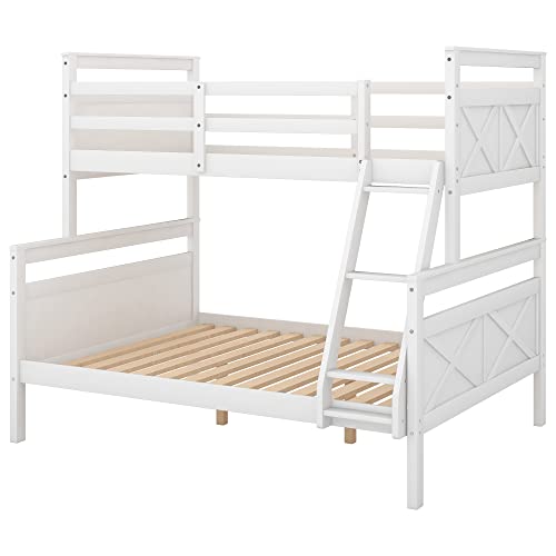 Majnesvon Twin Over Full Bunk Bed Frame with Ladder, Solid Wood Bunk Beds Loft Bed Frame Twin Over Full Size with Guardrail, Can Be Separated Into Twin/Full Size Bed, No Box Spring Needed (White)