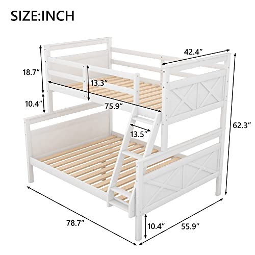 Majnesvon Twin Over Full Bunk Bed Frame with Ladder, Solid Wood Bunk Beds Loft Bed Frame Twin Over Full Size with Guardrail, Can Be Separated Into Twin/Full Size Bed, No Box Spring Needed (White)