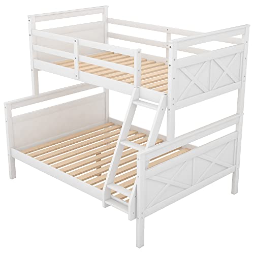 Majnesvon Twin Over Full Bunk Bed Frame with Ladder, Solid Wood Bunk Beds Loft Bed Frame Twin Over Full Size with Guardrail, Can Be Separated Into Twin/Full Size Bed, No Box Spring Needed (White)