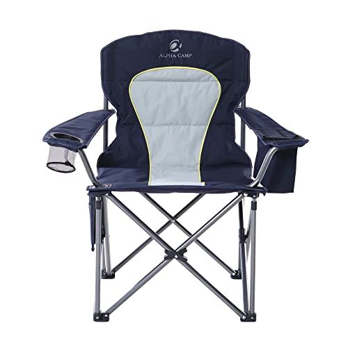 LET'S CAMP Oversized Folding Camping Chair Portable Outdoor Heavy Duty Padded Chairs Lawn Chair with Cup Holder, Storage Pocket and Cooler Bag, Supports 450LBS, for Camp, Travel, Picnic (Blue)