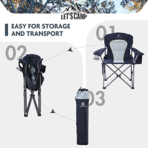 LET'S CAMP Oversized Folding Camping Chair Portable Outdoor Heavy Duty Padded Chairs Lawn Chair with Cup Holder, Storage Pocket and Cooler Bag, Supports 450LBS, for Camp, Travel, Picnic (Blue)