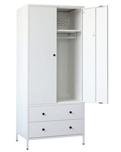 cjf metal storage wardrobe with hanging rod, armoire with 2 doors and 2 drawers，steel wardrobe closet for home, office 74" h x 31.5" w x 20" d (white)