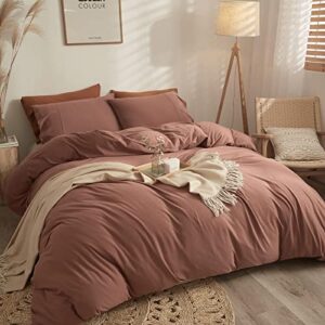 mixinni Brick Red Duvet Cover Queen Knitted Cotton Solid Color Simple Bedding Set Full Size Comforter Cover Queen Size Duvet Cover Set 1 Duvet Cover with Zipper Ties 2 Envelope Pillowcases