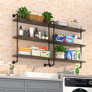 PUSDON Industrial Pipe Shelving Wall Mounted 3 Tier 32 Inch, Bathroom Metal Floating Shelves Bronze, Wood Hanging Storage Bookshelf, Heavy Duty Sturdy Rack for Home Office Garage Farmhouse Bar