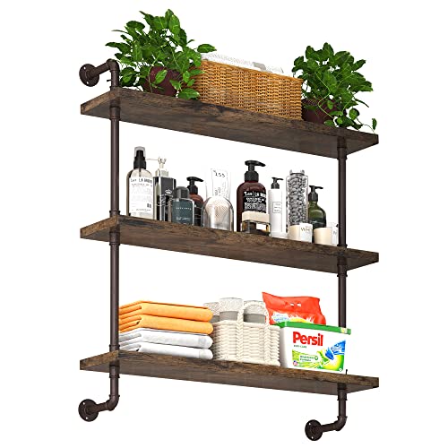 PUSDON Industrial Pipe Shelving Wall Mounted 3 Tier 32 Inch, Bathroom Metal Floating Shelves Bronze, Wood Hanging Storage Bookshelf, Heavy Duty Sturdy Rack for Home Office Garage Farmhouse Bar