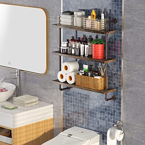 PUSDON Industrial Pipe Shelving Wall Mounted 3 Tier 32 Inch, Bathroom Metal Floating Shelves Bronze, Wood Hanging Storage Bookshelf, Heavy Duty Sturdy Rack for Home Office Garage Farmhouse Bar