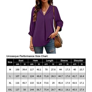 Unixseque 2022 Women's Chiffon Tunic Tops, 3/4 Sleeve V Neck Blouse for Office Work - Violet M