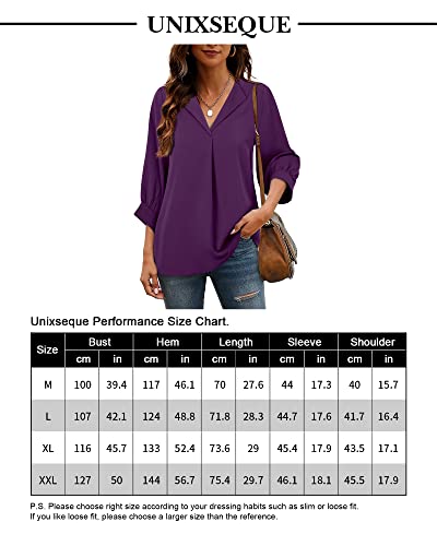 Unixseque 2022 Women's Chiffon Tunic Tops, 3/4 Sleeve V Neck Blouse for Office Work - Violet M