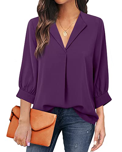 Unixseque 2022 Women's Chiffon Tunic Tops, 3/4 Sleeve V Neck Blouse for Office Work - Violet M