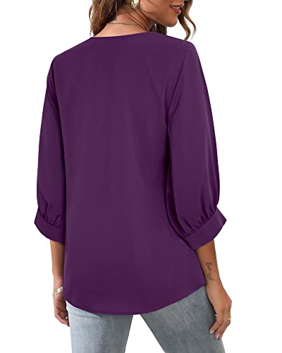 Unixseque 2022 Women's Chiffon Tunic Tops, 3/4 Sleeve V Neck Blouse for Office Work - Violet M