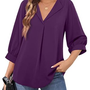 Unixseque 2022 Women's Chiffon Tunic Tops, 3/4 Sleeve V Neck Blouse for Office Work - Violet M