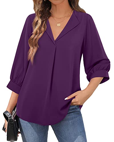 Unixseque 2022 Women's Chiffon Tunic Tops, 3/4 Sleeve V Neck Blouse for Office Work - Violet M