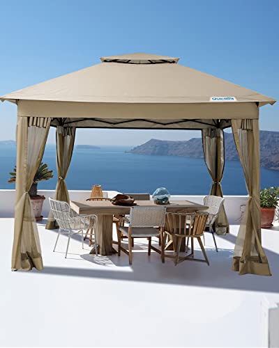 Quictent 11’x11’ Pop up Gazebo Canopy Tent with Mosquito Netting, One Person Setup Vented Outdoor Instant Screened House Tent Shelter with 4 Sand Bags, Khaki