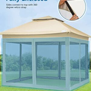 Quictent 11’x11’ Pop up Gazebo Canopy Tent with Mosquito Netting, One Person Setup Vented Outdoor Instant Screened House Tent Shelter with 4 Sand Bags, Khaki