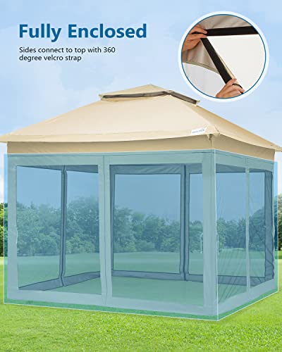 Quictent 11’x11’ Pop up Gazebo Canopy Tent with Mosquito Netting, One Person Setup Vented Outdoor Instant Screened House Tent Shelter with 4 Sand Bags, Khaki