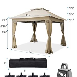 Quictent 11’x11’ Pop up Gazebo Canopy Tent with Mosquito Netting, One Person Setup Vented Outdoor Instant Screened House Tent Shelter with 4 Sand Bags, Khaki