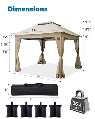 Quictent 11’x11’ Pop up Gazebo Canopy Tent with Mosquito Netting, One Person Setup Vented Outdoor Instant Screened House Tent Shelter with 4 Sand Bags, Khaki