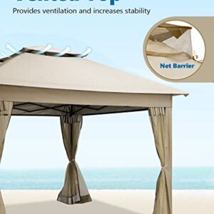 Quictent 11’x11’ Pop up Gazebo Canopy Tent with Mosquito Netting, One Person Setup Vented Outdoor Instant Screened House Tent Shelter with 4 Sand Bags, Khaki