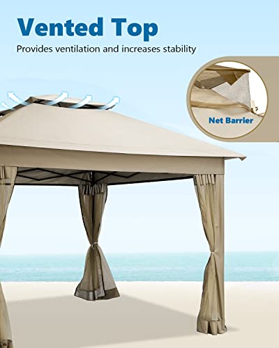 Quictent 11’x11’ Pop up Gazebo Canopy Tent with Mosquito Netting, One Person Setup Vented Outdoor Instant Screened House Tent Shelter with 4 Sand Bags, Khaki