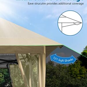 Quictent 11’x11’ Pop up Gazebo Canopy Tent with Mosquito Netting, One Person Setup Vented Outdoor Instant Screened House Tent Shelter with 4 Sand Bags, Khaki