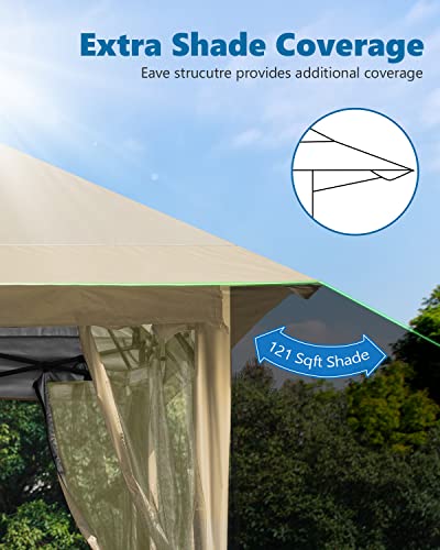 Quictent 11’x11’ Pop up Gazebo Canopy Tent with Mosquito Netting, One Person Setup Vented Outdoor Instant Screened House Tent Shelter with 4 Sand Bags, Khaki