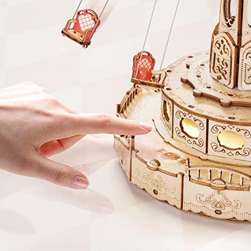 ROKR 3D Puzzles Wooden Music Box Kit with LED, Rotating Swing Ride Mechanical Model Kit DIY Wood Craft Hobbies Kit for Adults Birthday for Boys/Girls