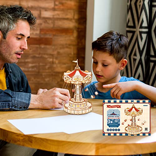 ROKR 3D Puzzles Wooden Music Box Kit with LED, Rotating Swing Ride Mechanical Model Kit DIY Wood Craft Hobbies Kit for Adults Birthday for Boys/Girls