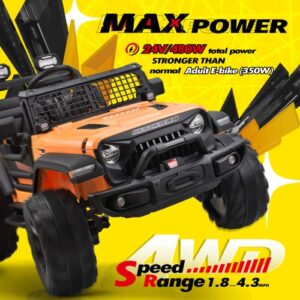 Blitzshark 24V MAX Ride-on Truck 2 Seater 4WD Kids Electric Vehicle 4x4 XXL Battery Powered Car, with 480W Ultra Powerful Motor, Remote Control, Full-Metal Suspension& Free DIY Sticker, Golden