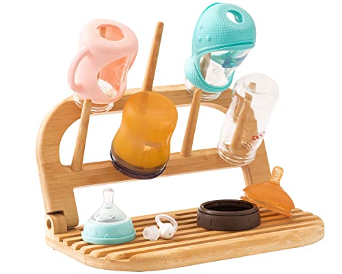 Baraiser Bottle Drying Rack, Bamboo Baby Bottle Holder, Portable and Space Saving Bottle Dryer for Baby Bottles Accessories and Feeding Supplies