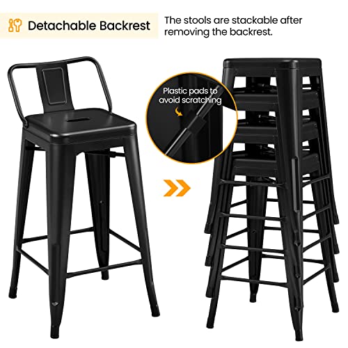 Yaheetech 26 inch Metal Bar Stools Set of 4 Counter Height Barstools with Low Back Indoor Outdoor Kitchen Stools Modern Industrial Bar Chairs Matte Black