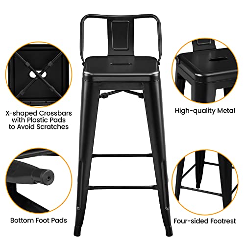 Yaheetech 26 inch Metal Bar Stools Set of 4 Counter Height Barstools with Low Back Indoor Outdoor Kitchen Stools Modern Industrial Bar Chairs Matte Black