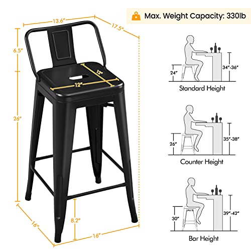 Yaheetech 26 inch Metal Bar Stools Set of 4 Counter Height Barstools with Low Back Indoor Outdoor Kitchen Stools Modern Industrial Bar Chairs Matte Black