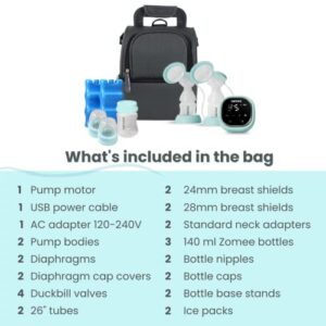 Zomee Z2 Double Electric Wearable Breast Pump & Travel Bag – Low-Noise, Discreet, Portable & Hands-Free – Hospital-Grade Strength: 3 Pumping Styles / 19 Suction Levels – Phthalate-Free Silicone