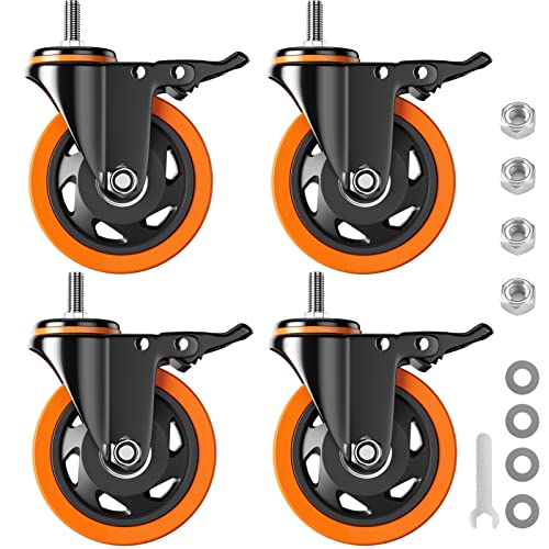 4 Inch Caster Wheels 2200Lbs, Threaded Stem Casters Set of 4 Heavy Duty, 1/2"-13 x 1" (Screw Diameter 1/2", Stem Length 1"), Safety Dual Locking Industrial Castors, Wheels for Cart, Furniture