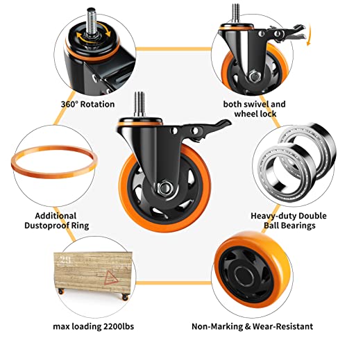 4 Inch Caster Wheels 2200Lbs, Threaded Stem Casters Set of 4 Heavy Duty, 1/2"-13 x 1" (Screw Diameter 1/2", Stem Length 1"), Safety Dual Locking Industrial Castors, Wheels for Cart, Furniture