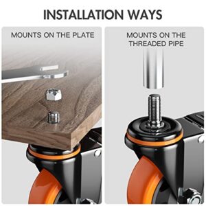 4 Inch Caster Wheels 2200Lbs, Threaded Stem Casters Set of 4 Heavy Duty, 1/2"-13 x 1" (Screw Diameter 1/2", Stem Length 1"), Safety Dual Locking Industrial Castors, Wheels for Cart, Furniture