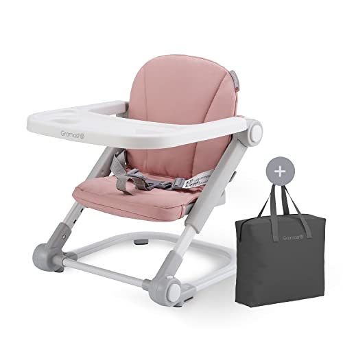 Toddler Booster Seat for Dining Table, Portable Folding Chair Travel Booster Seat with Aluminum Frame, Soft Knitted Cushion and Adjustable Height&Tray, Easy to Clean(Pink)