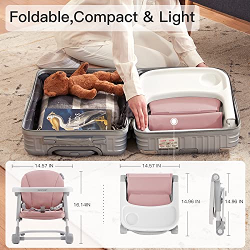 Toddler Booster Seat for Dining Table, Portable Folding Chair Travel Booster Seat with Aluminum Frame, Soft Knitted Cushion and Adjustable Height&Tray, Easy to Clean(Pink)