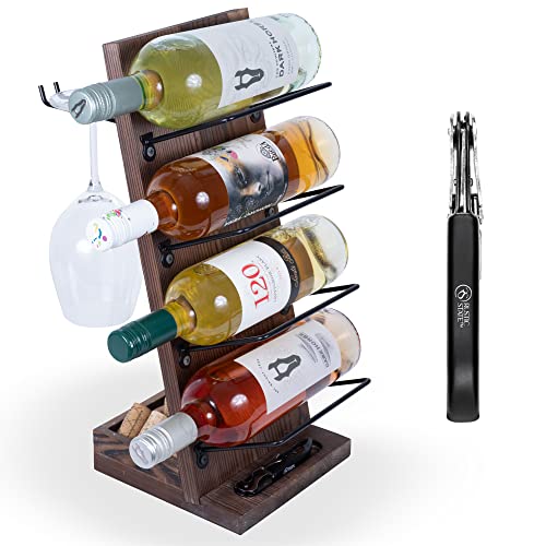 Rustic State Rueda Countertop Wine Rack with Cork Opener - 4 Bottle 2 Stemware Glass Holder with Separate Cork, Corkscrew Storage Unit - Wood Tabletop Display - Home Bar Décor - Walnut