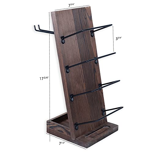 Rustic State Rueda Countertop Wine Rack with Cork Opener - 4 Bottle 2 Stemware Glass Holder with Separate Cork, Corkscrew Storage Unit - Wood Tabletop Display - Home Bar Décor - Walnut