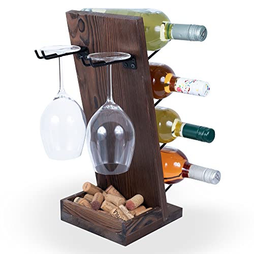 Rustic State Rueda Countertop Wine Rack with Cork Opener - 4 Bottle 2 Stemware Glass Holder with Separate Cork, Corkscrew Storage Unit - Wood Tabletop Display - Home Bar Décor - Walnut